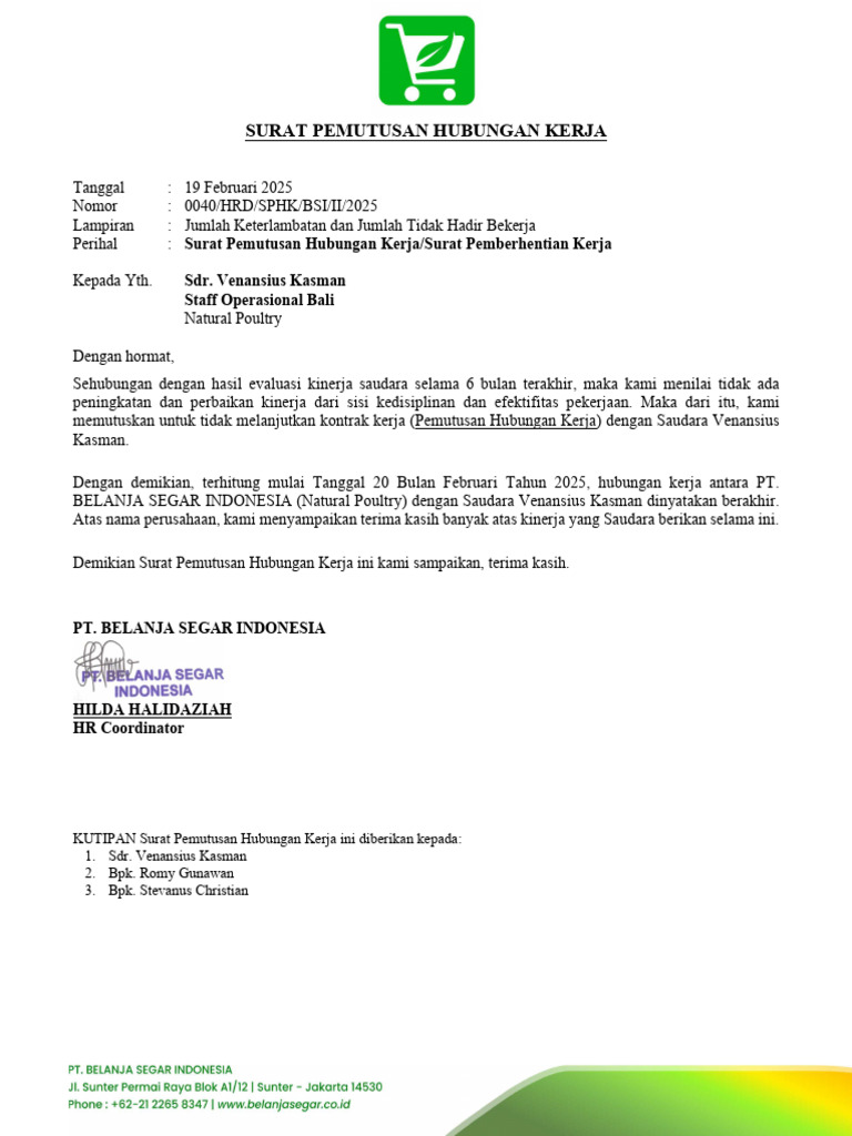 19.02.2025 Surat Pemutusan Hubungan An. Venansius Kasman | PDF
