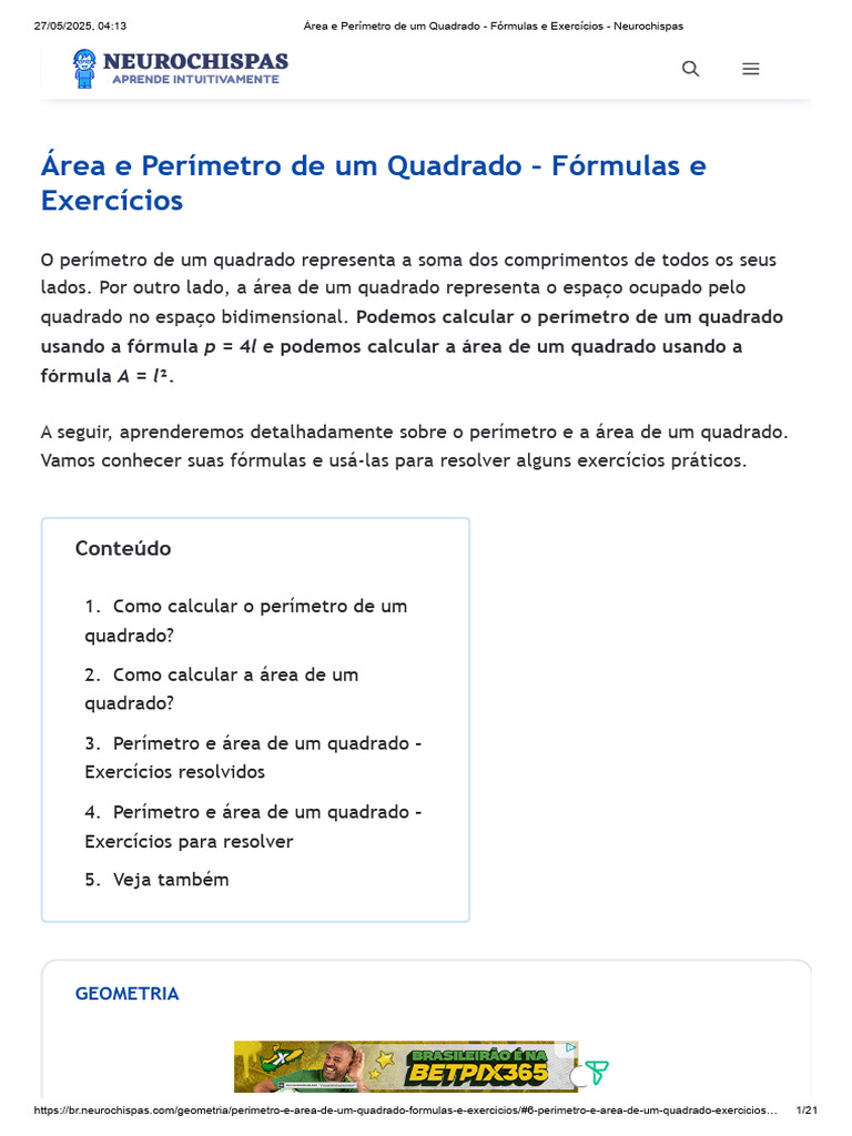 Área e Perímetro de Um Quadrado - Fórmulas e Exercícios - Neurochispas ...