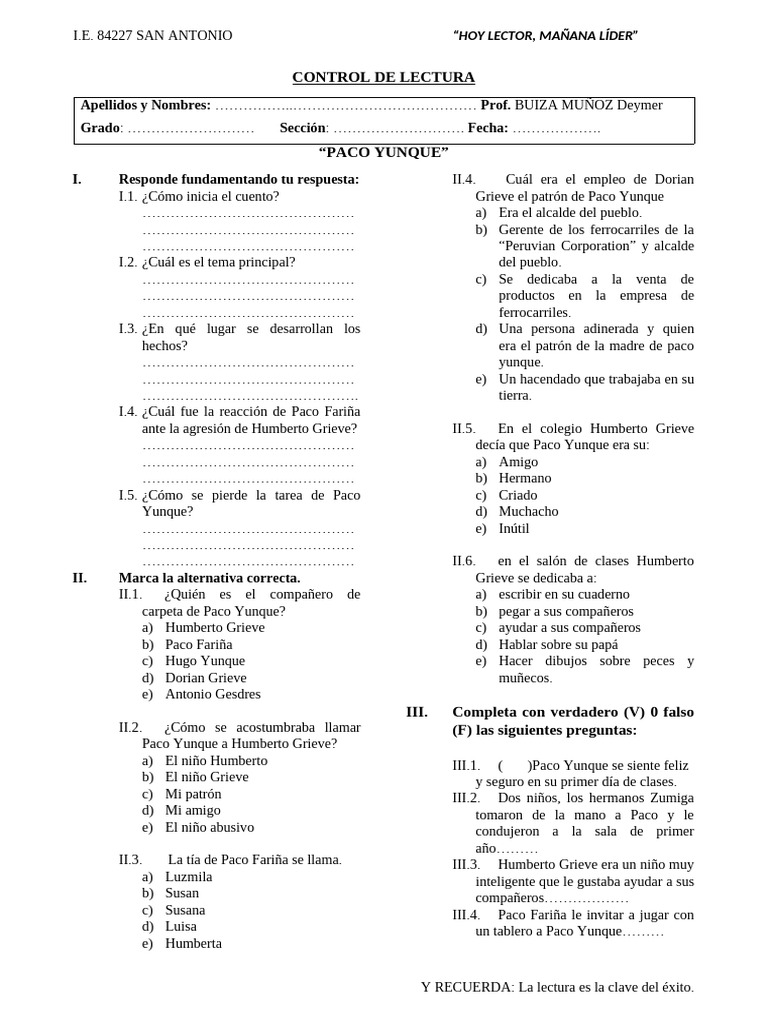 CONTROL 1 - Paco Yunque | PDF