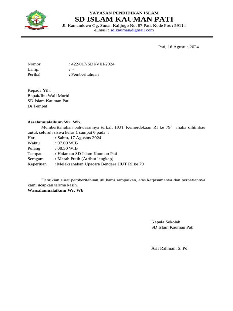 Surat Pemberitahuan Libur | PDF