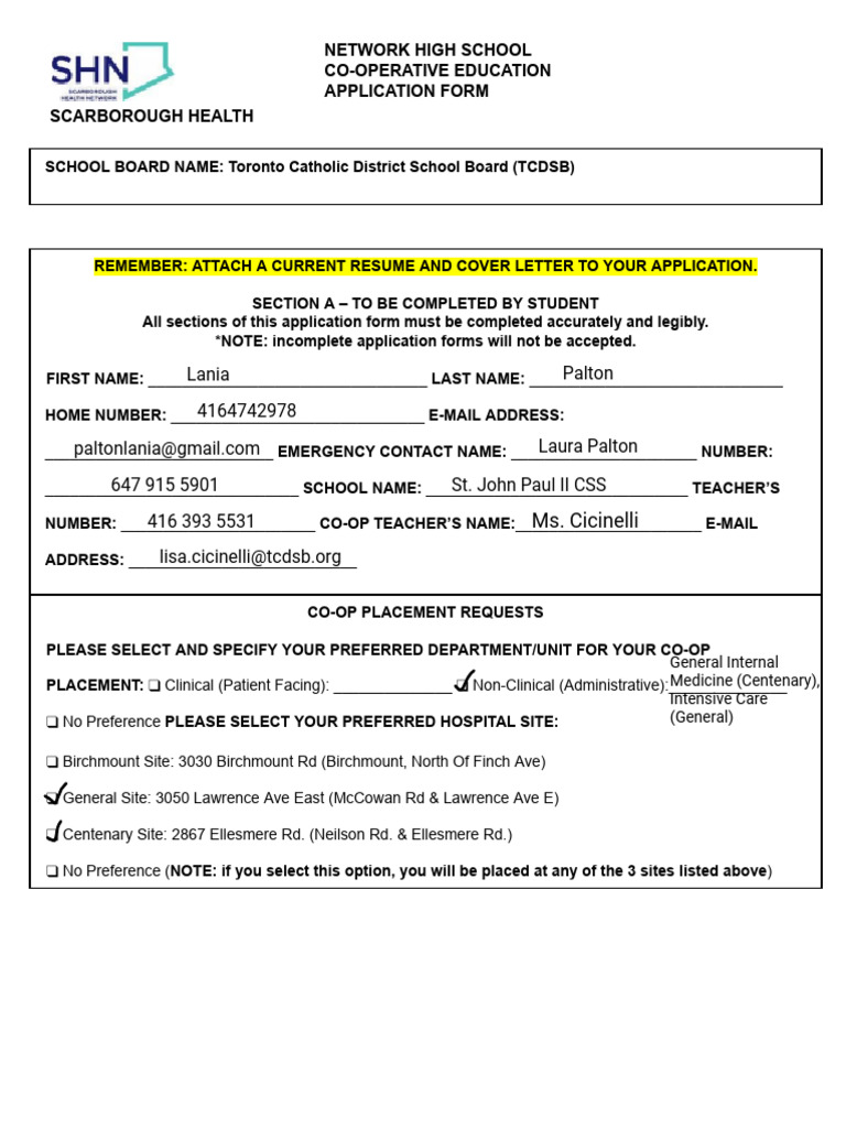 SHN High School Co-Op Application Form (Unfilled) | PDF | Health Care ...