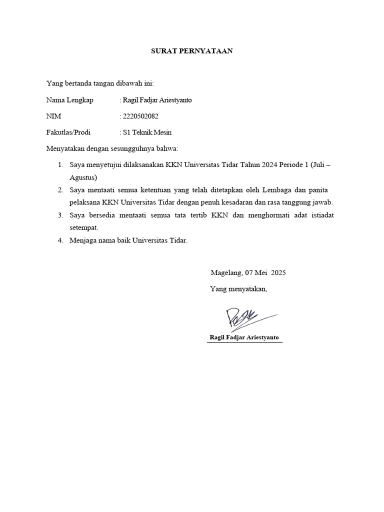 Surat Pernyataan KKN Universitas Tidar | PDF