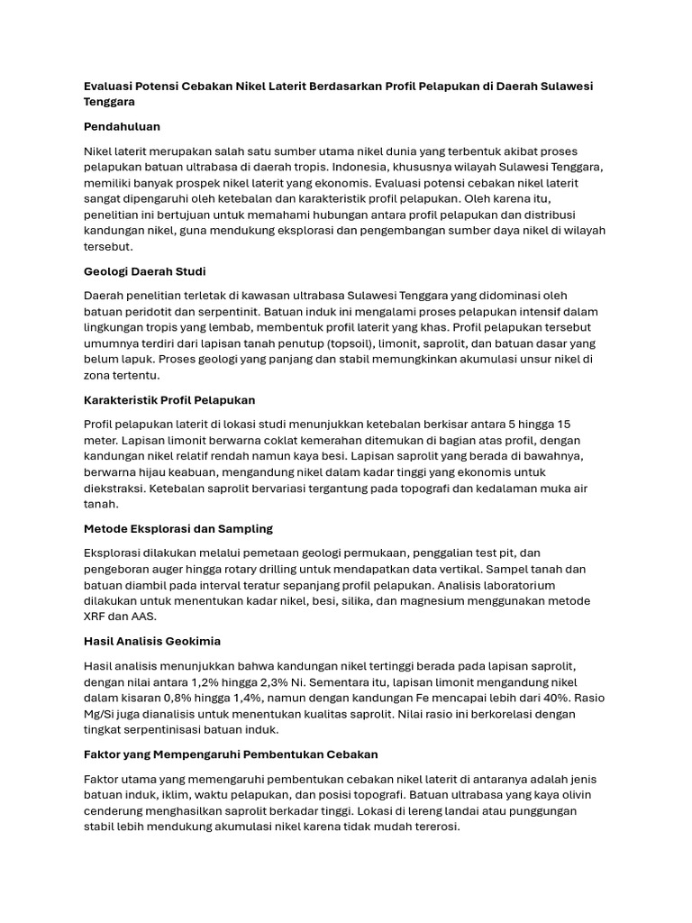 Evaluasi Potensi Cebakan Nikel Laterit Berdasarkan Profil Pelapukan di ...