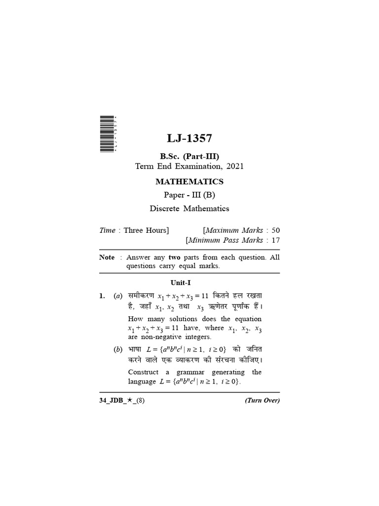 BSC Part 3 Mathematics Discrete Mathematics LJ 1357 2021 | PDF | Discrete Mathematics | Graph Theory