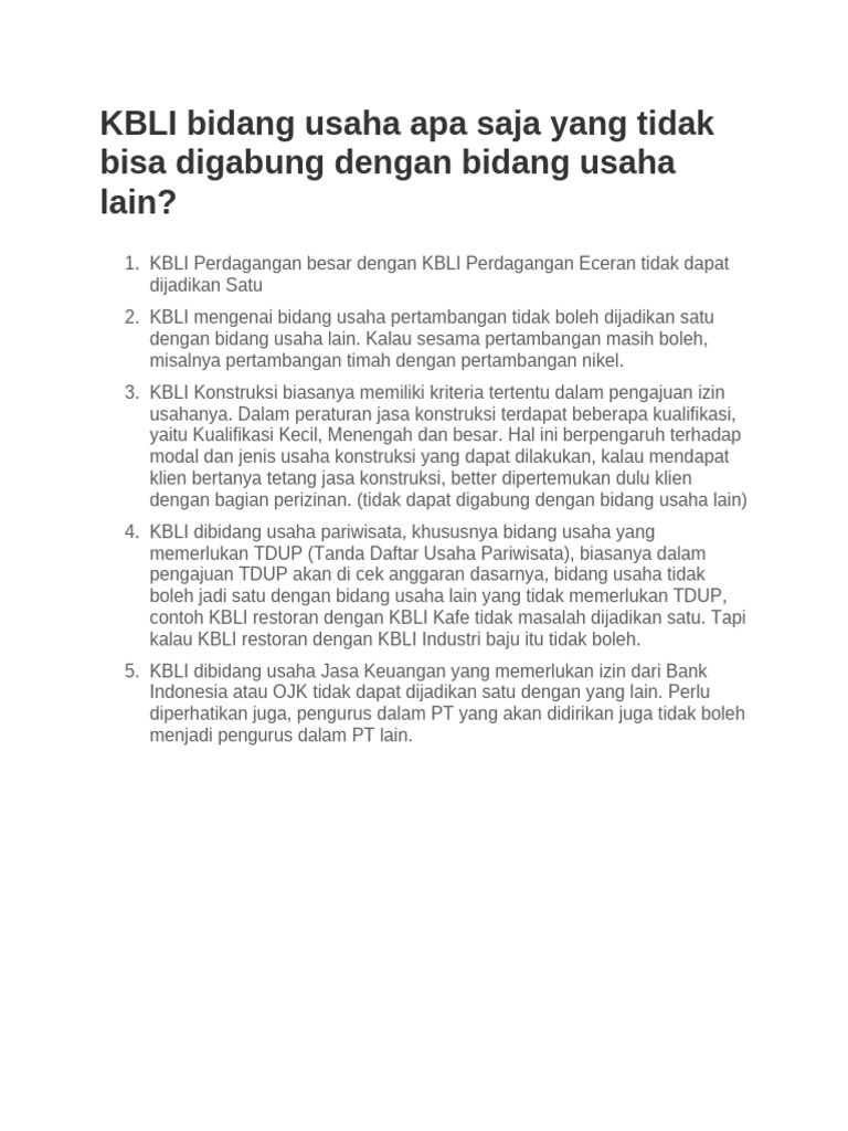 KBLI Bidang Usaha Apa Saja Yang Tidak Bisa Digabung Dengan Bidang Usaha Lain | PDF