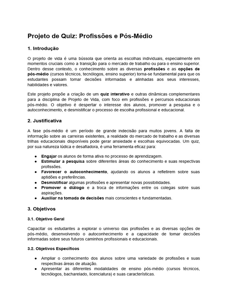 Projeto de Quiz - Profissões e Pós-Médio | PDF | Diploma de bacharel | Engenharia