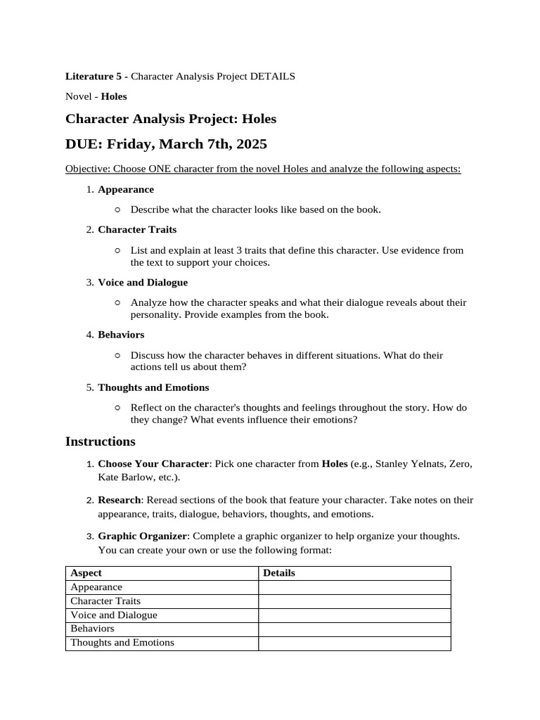 Holes Character Analysis Guide | PDF