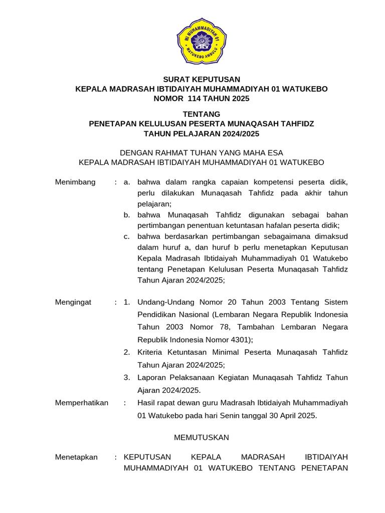 Surat Keputusan Kelulusan Munaqasah Wisuda Tahfidz | PDF