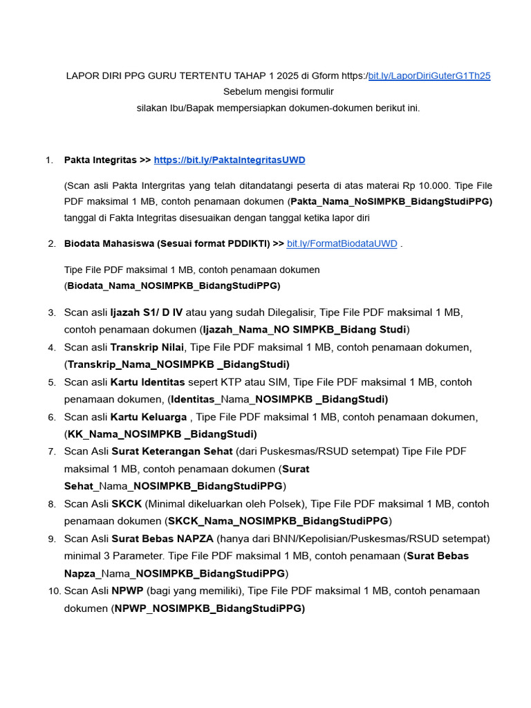 Persyaratan Lapor Diri PPG 2025 | PDF