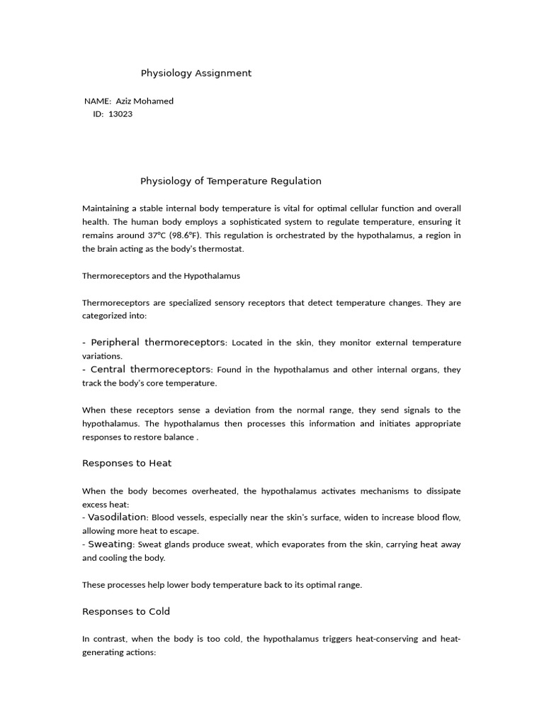 Physiology Assignment Temp | PDF | Hyperthermia | Thermoregulation