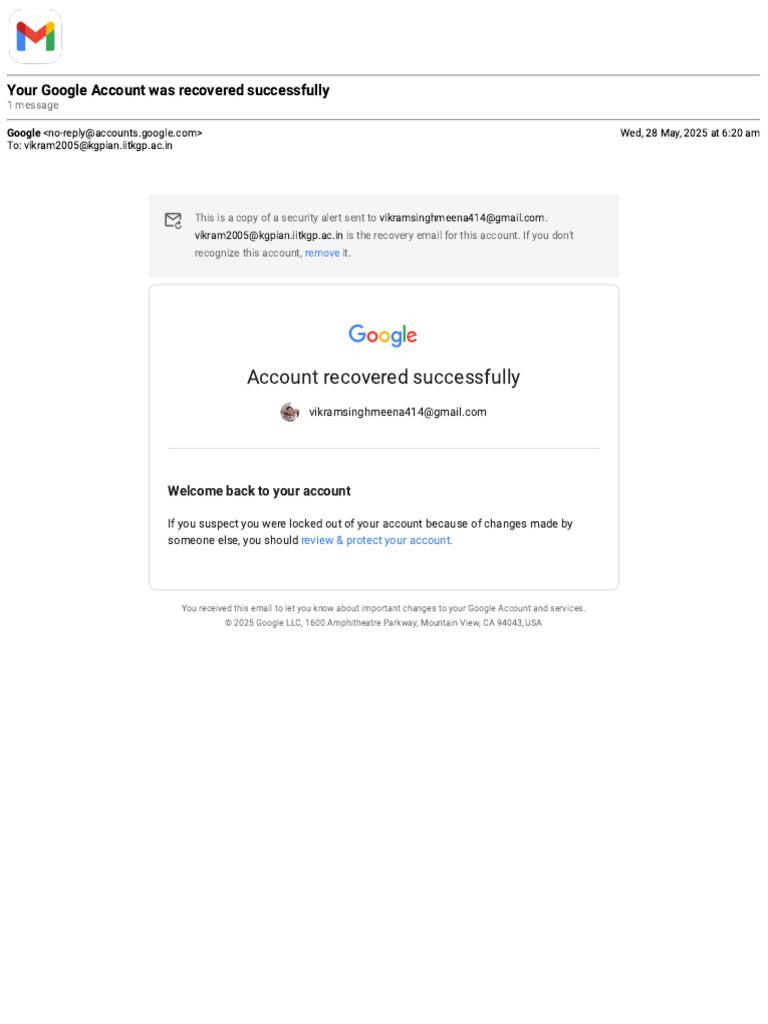 Gmail - Your Google Account Was Recovered Successfully | PDF