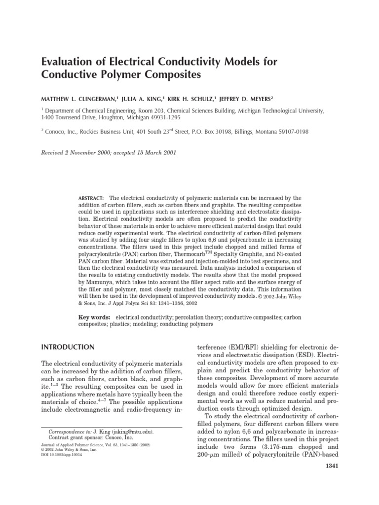 J of Applied Polymer Sci - 2001 - Clingerman - Evaluation of Electrical ...