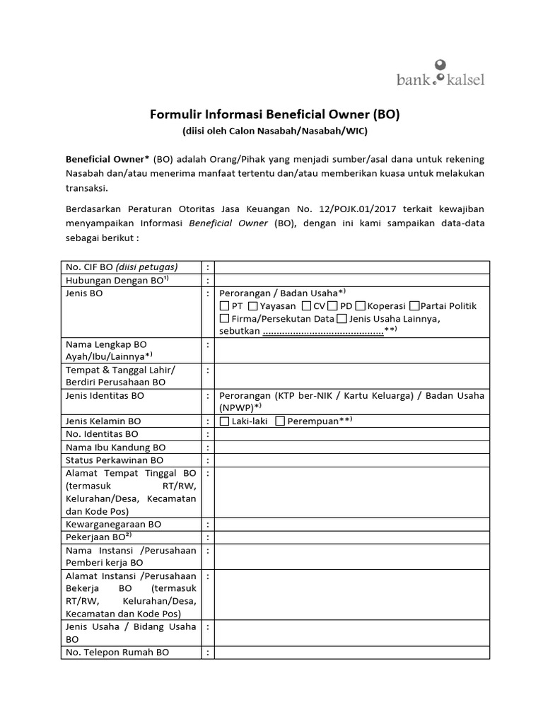 Formulir Informasi Beneficial Owner-New BW | PDF