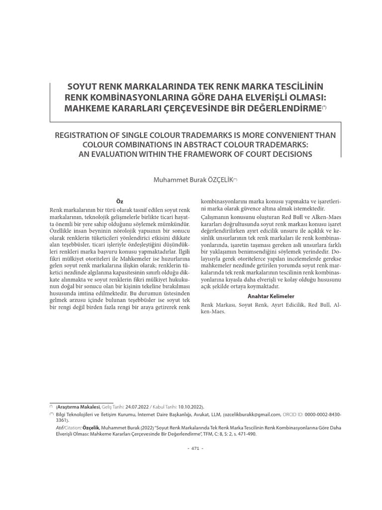 Soyut Renk Markalari Hakkinda Bi̇li̇msel Hukuki̇ Makale | PDF