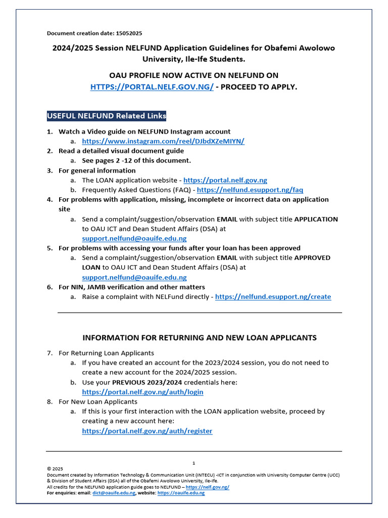 2024-2025 Session NELFUND Application Guidelines For OAU Students | PDF ...