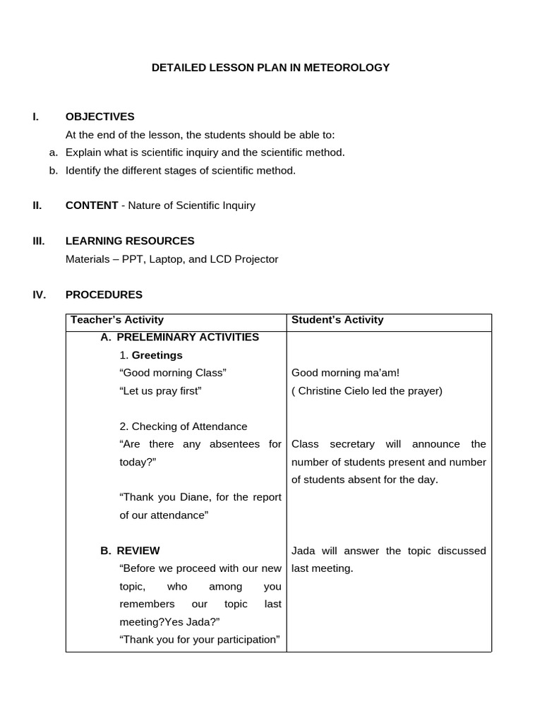 DETAILED LESSON PLAN IN Meteorology | PDF | Scientific Method | Learning
