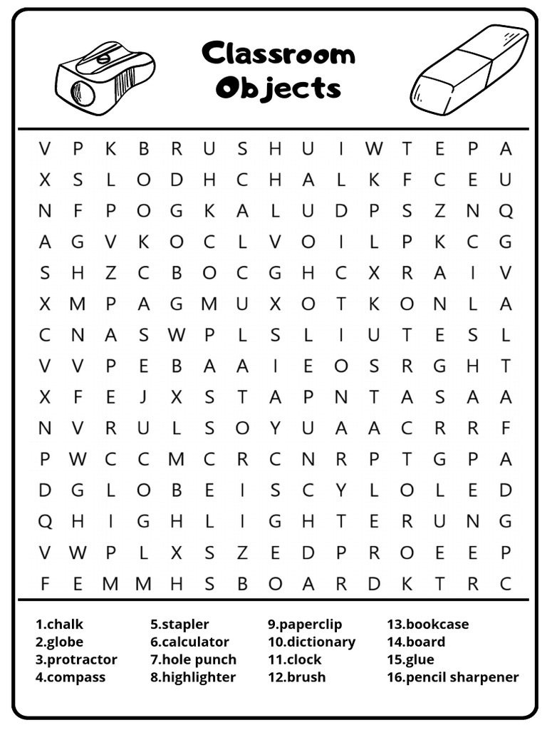 2 Classroom Objects 16 Words Word Search | PDF