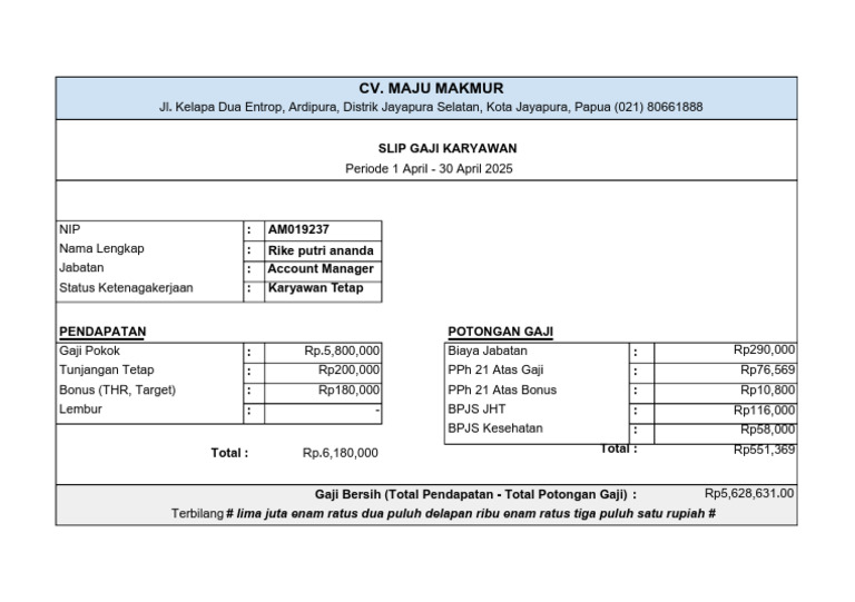 Slip Gaji Karyawan CV. Maju Makmur | PDF