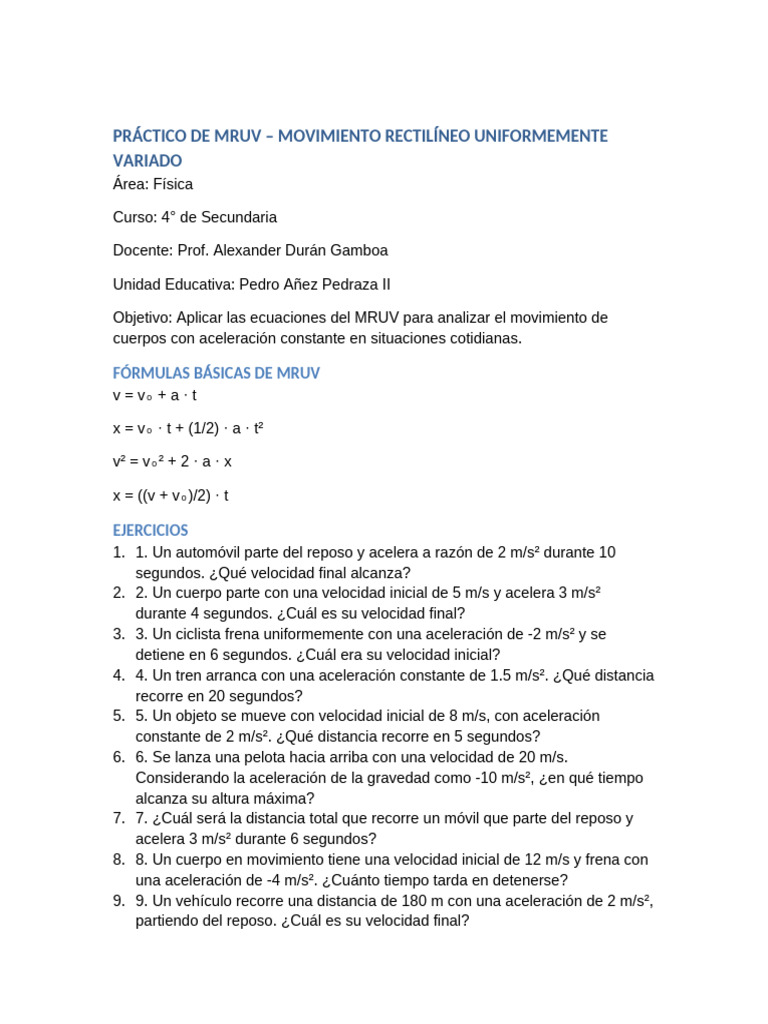 Practico MRUV 4to Secundaria Con Respuestas | PDF