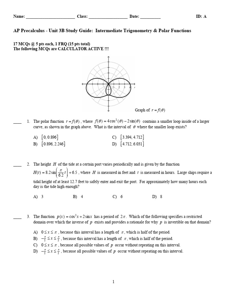 AP Precalculus Unit 3B Study Guide | PDF | Trigonometric Functions ...