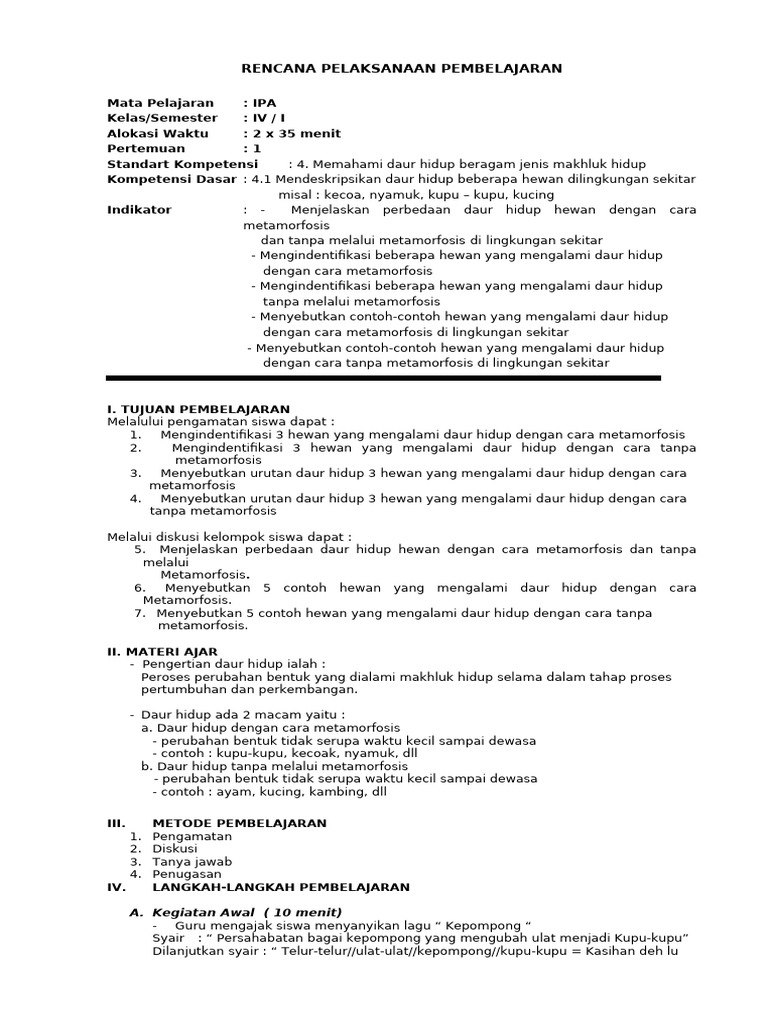 Contoh RPP IPA Kelas 4 SMST 1 | PDF