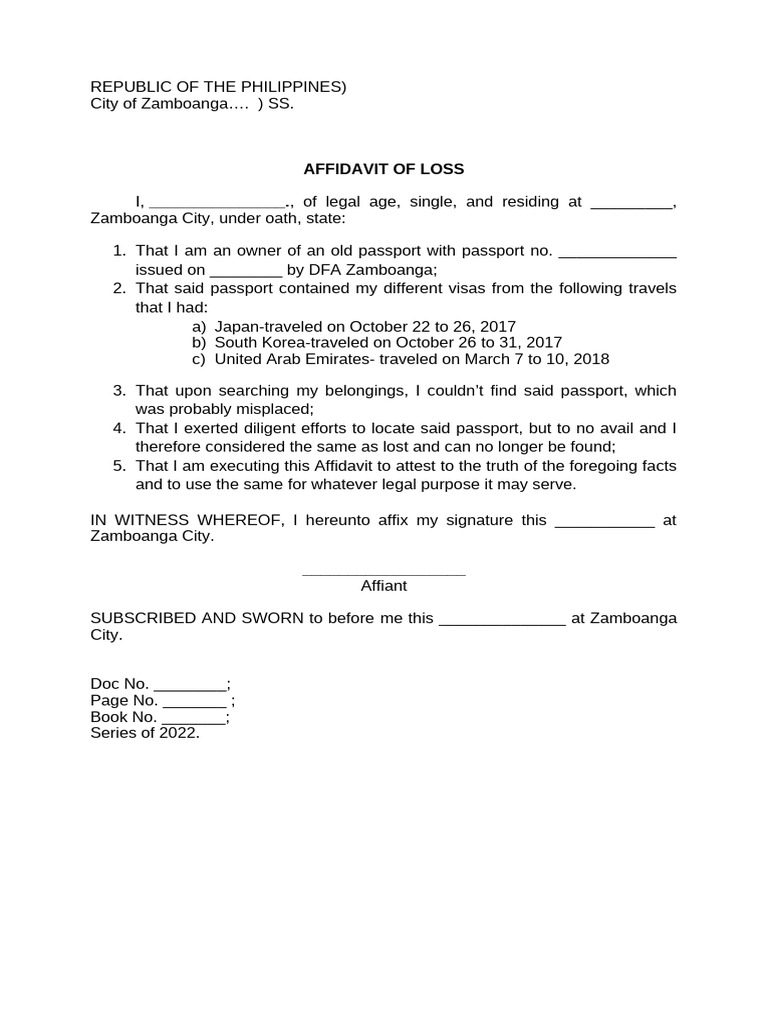 Affidavit of Loss Passport | PDF