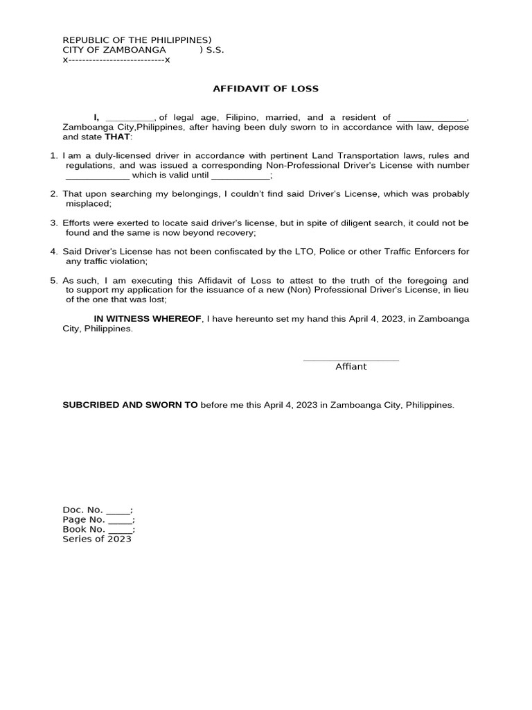 Affidavit of Loss for Driver's License | PDF