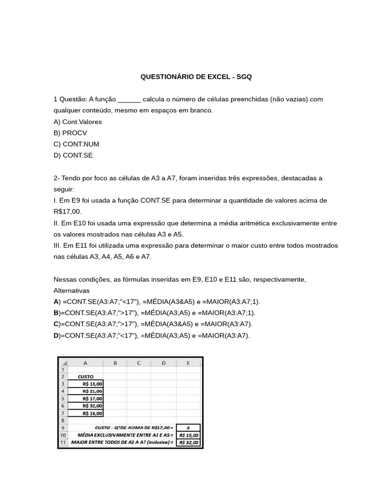 QUESTIONÁRIO DE EXCEL | PDF | Matemática