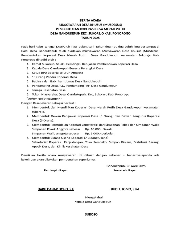 Berita Acara Musdesus Pembentukan Koperasi Desa Merah Putih | PDF