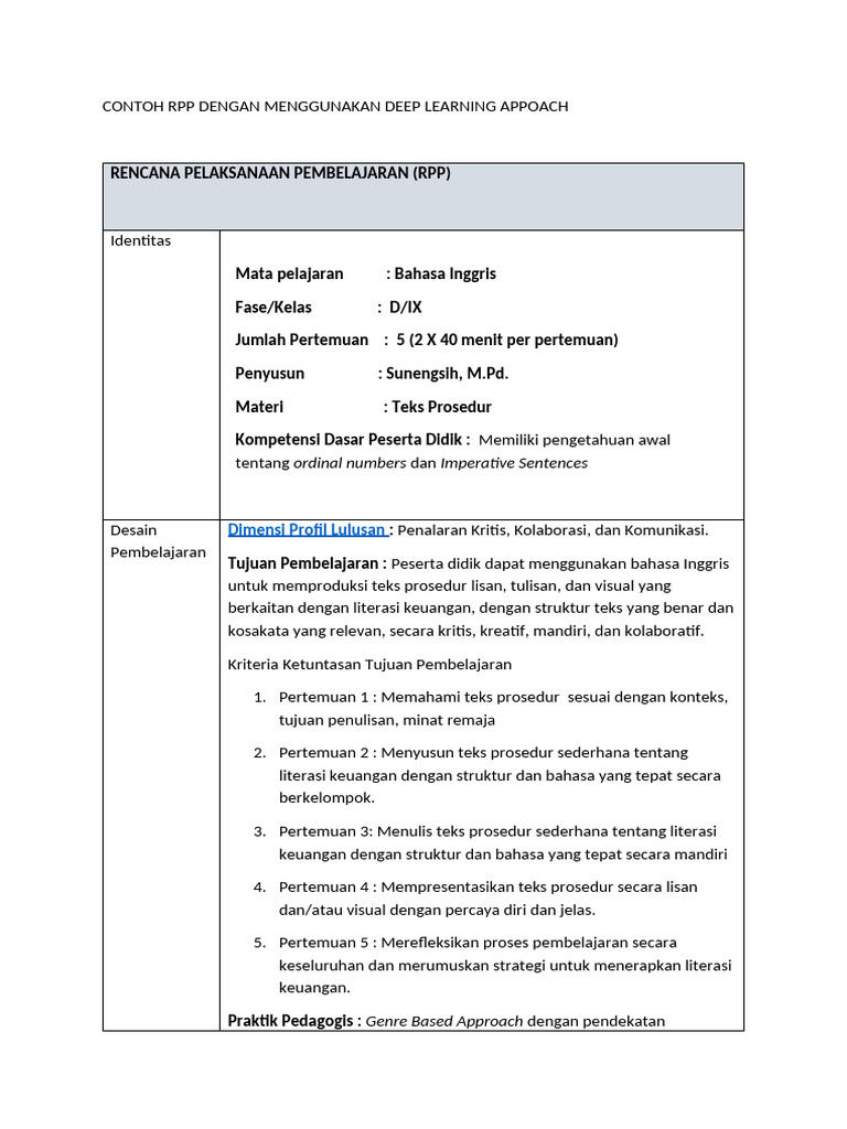 Contoh RPP Dengan Menggunakan Deep Learning Appoach | PDF