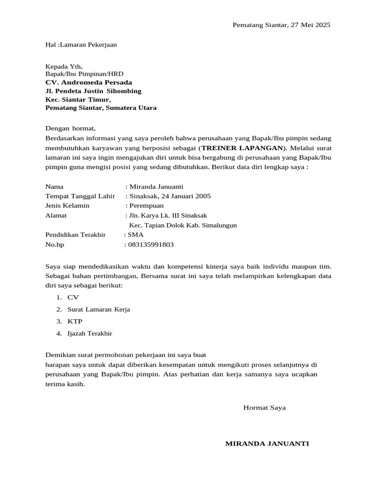 CV. Andromeda Persada Jl. Pendeta Justin Sihombing Kec. Siantar Timur ...