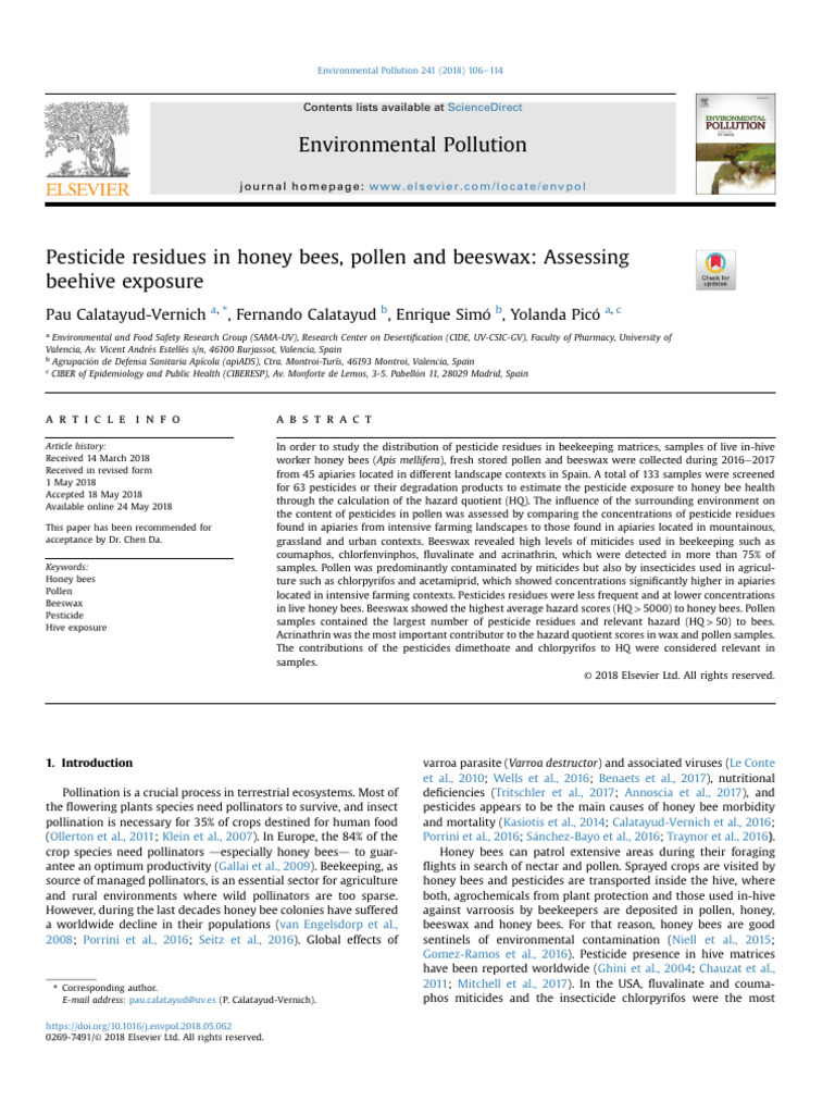 Pesticide Residues in Honey Bees, Pollen and Beeswax - Assessing | PDF ...