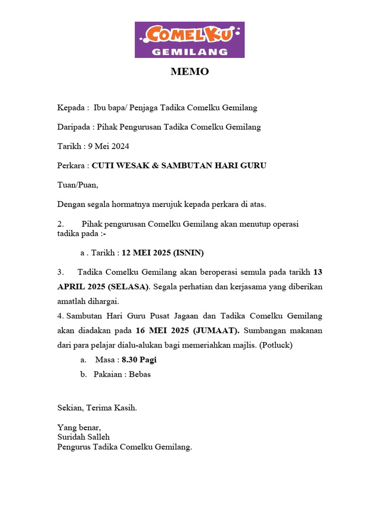 Memo Cuti Wesak | PDF