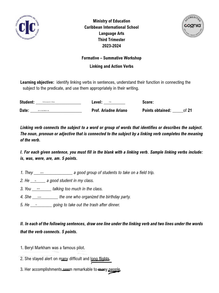 Formative - Summative Workshop. Linking Verbs | PDF | Verb | Subject ...