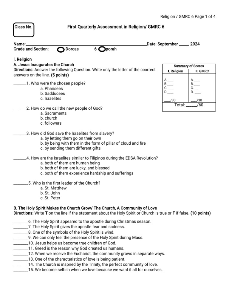 ANSWER KEY - First-Quarterly-Assessment-in-Religion-Grade-6 | PDF