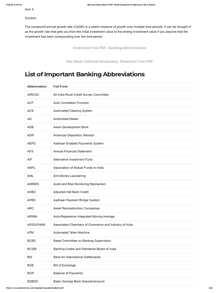Banking Abbreviations PDF - Model Questions For Banking & Govt. Exams ...