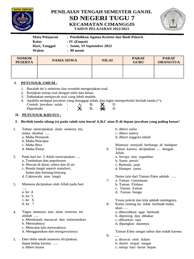 Soal PTS Agama Kristen Kls 4 2022-2023 | PDF