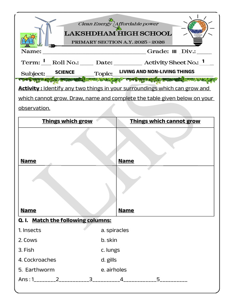 Grade III Science Ws No 1 Living and Non-Living Things | PDF | Zoology ...