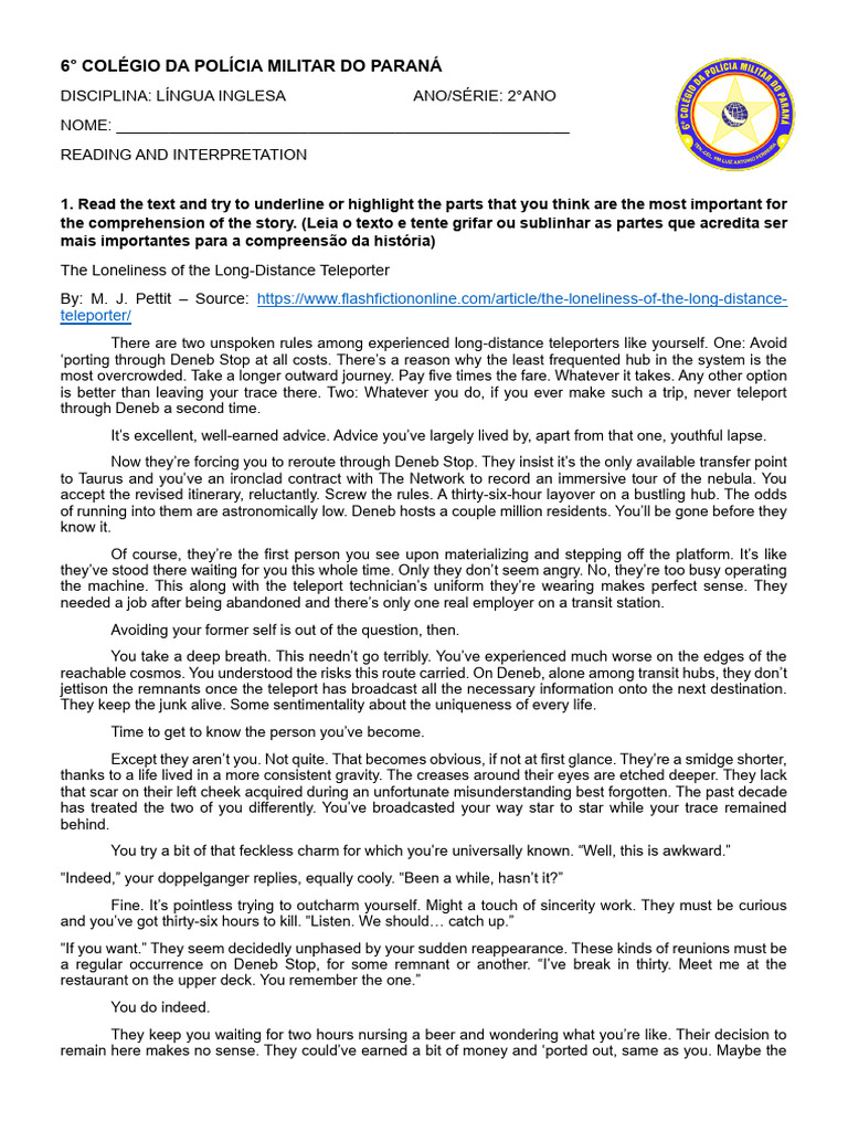 Long-Distance Teleportation Story Analysis | PDF