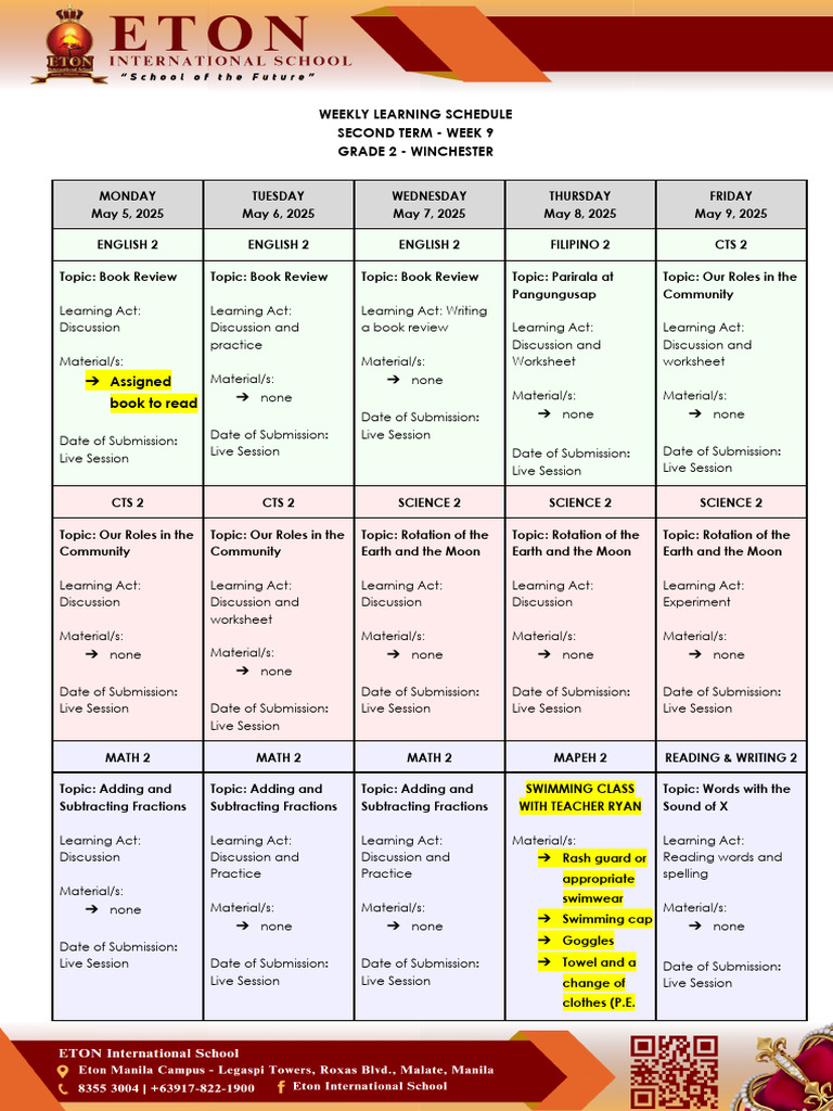 Grade 2 Weekly Learning Schedule | PDF