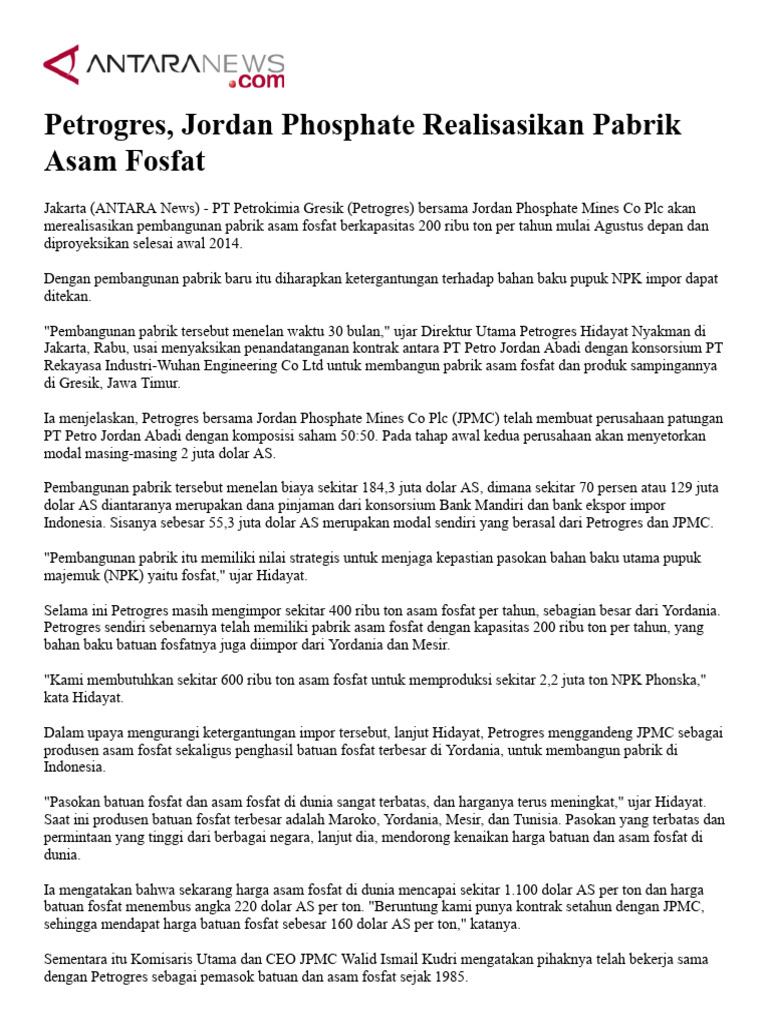 Petrogres, Jordan Phosphate Realisasikan Pabrik Asam Fosfat - Cetak ANTARA News | PDF