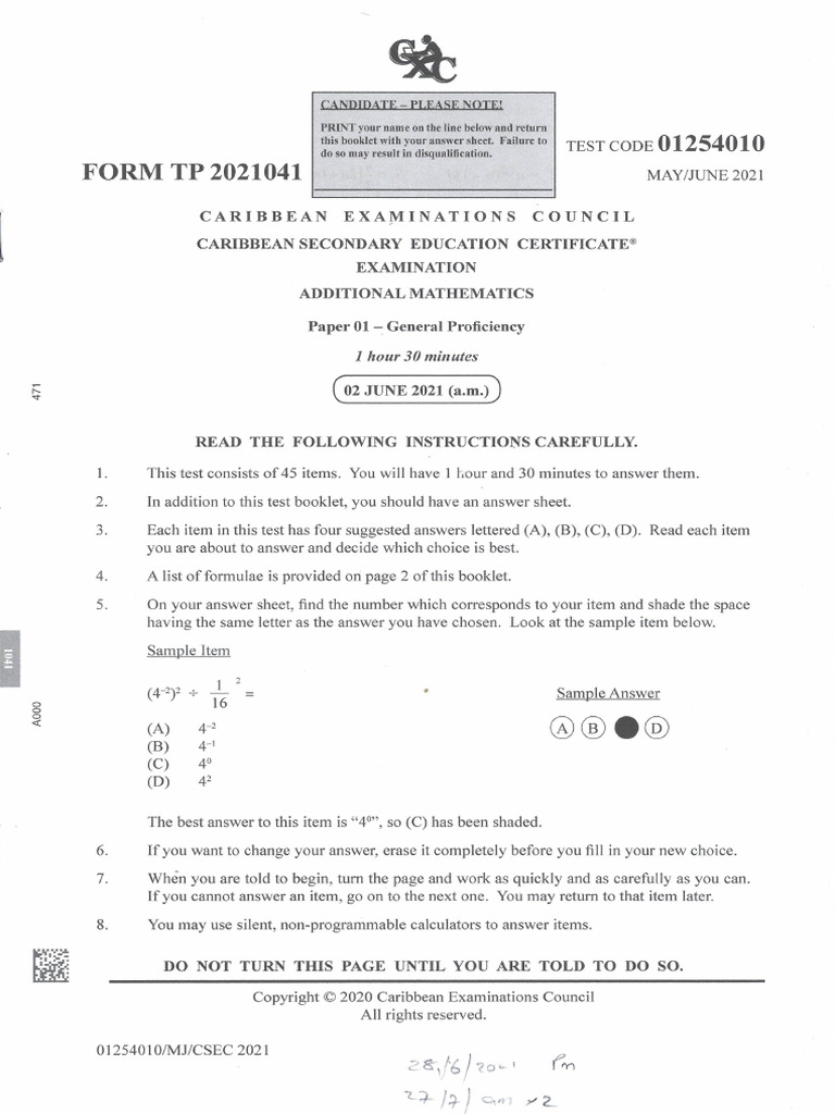 Csec Add Maths Paper 1 July 2021 | PDF
