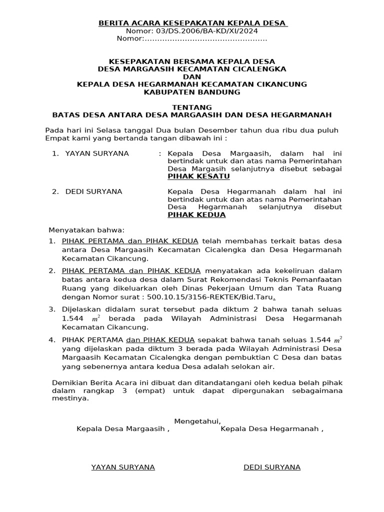 Berita Acara Kesepakatan Kepala Desa | PDF
