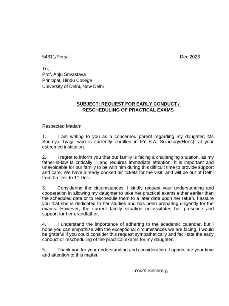 Request For Rescheduling of Practical Exams | PDF