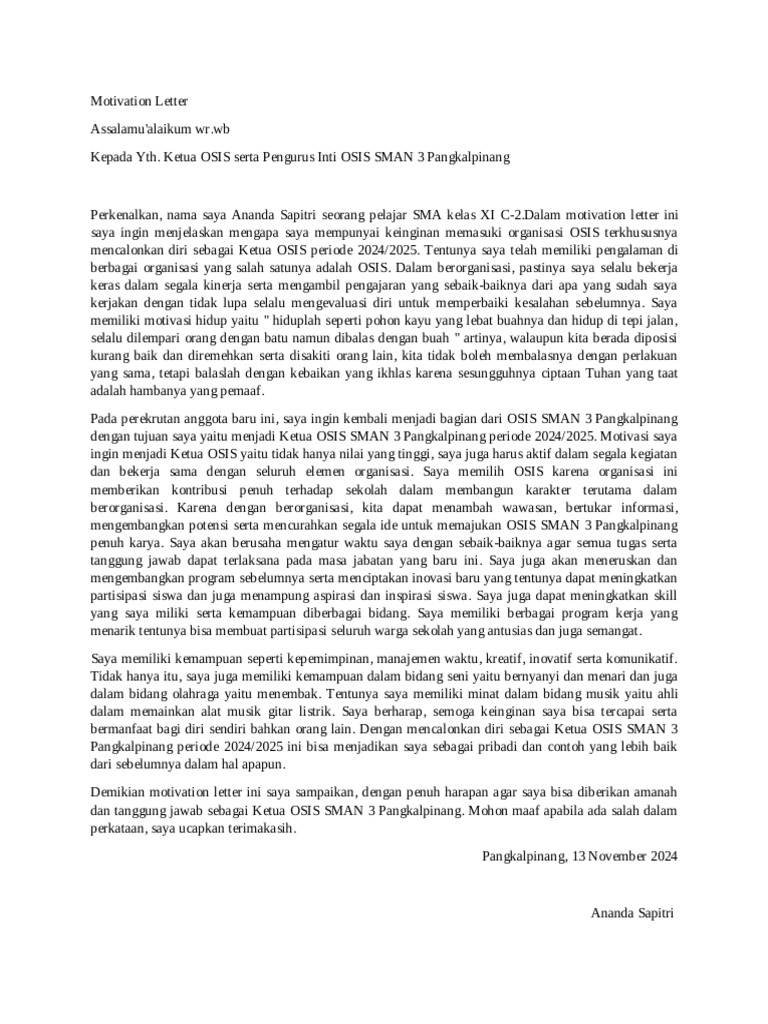 Motivation Letter Ananda | PDF