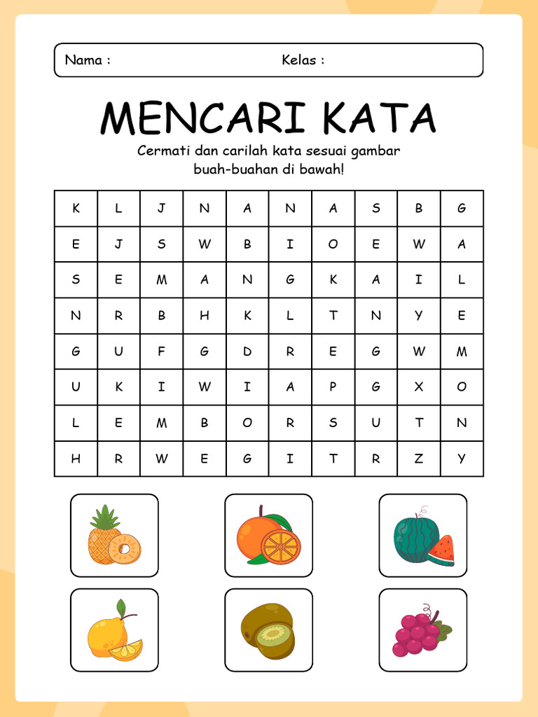 Lembar Kerja Mencari Kata Tema Buah-Buahan Kuning Ilustrasi Sederhana | PDF