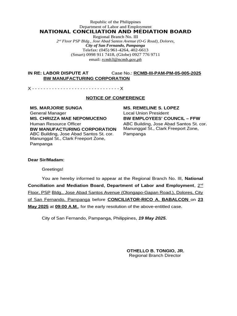 Template of Notice of Conceference For PM and NS Cases | PDF | Labor ...