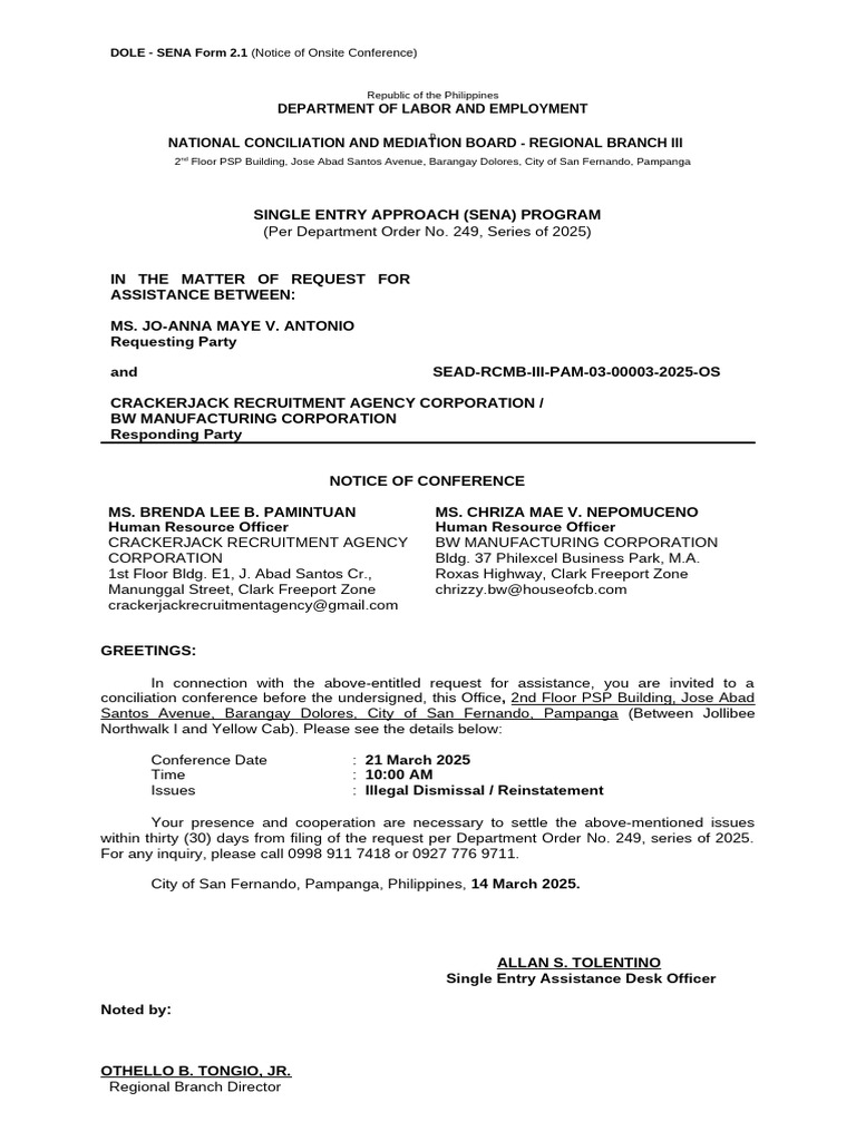 Notice of DOLE SENA Conciliation Conference | PDF | Employment | Labour Law