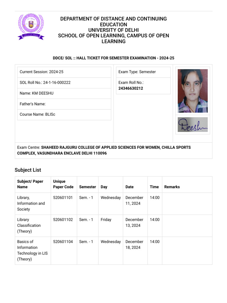 Ddce - Sol - Hall Ticket For Semester Examination - 2024-25 | PDF
