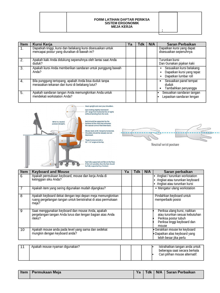Form Daftar Periksa Ergonomik Tempat Kerja | PDF
